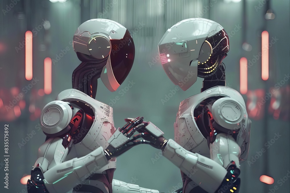 two futuristic androids joining hands artificial intelligence ...