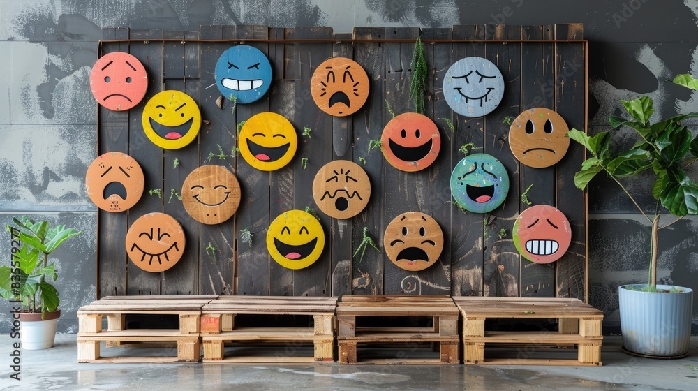 Assorted emoticons on wooden pallets displaying happiness sadness ...