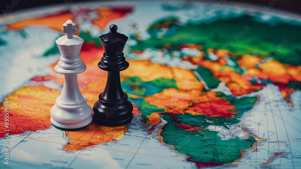 Geopolitics concept image with two chess pieces on a world map ...