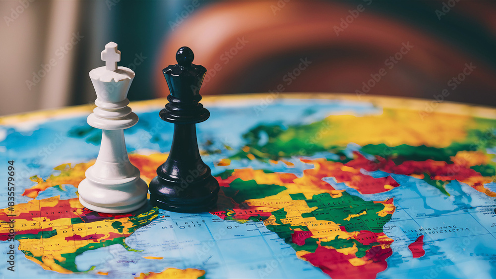 Geopolitics concept image with two chess pieces on a world map ...