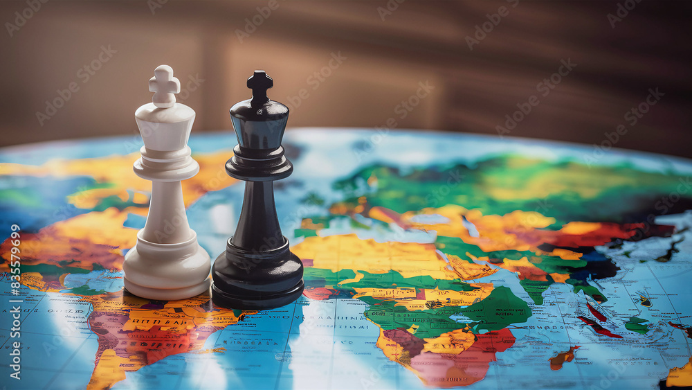 Geopolitics concept image with two chess pieces on a world map ... Geopolitics concept image with two chess pieces on a world map ...
