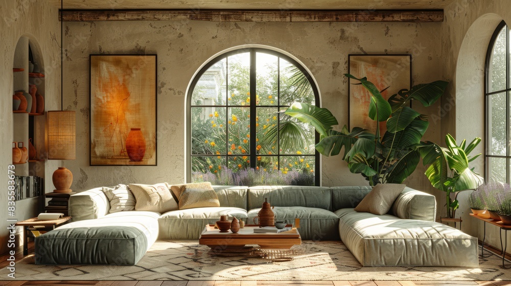 Minimalist aristocratic mansion with a green Barcelona sofa, Chinese ...