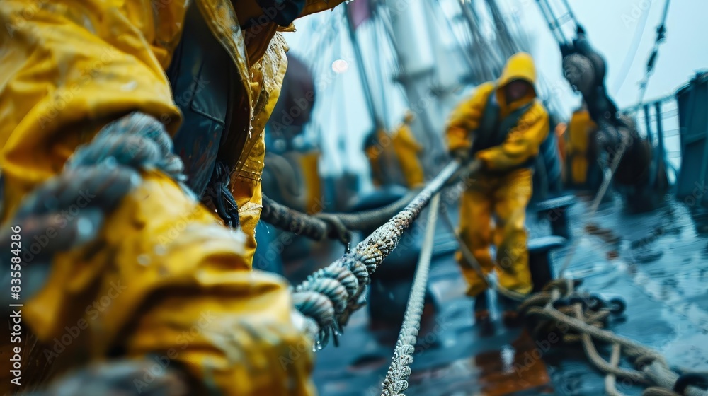 Indulge in the precision of nautical operations as crew members work ...