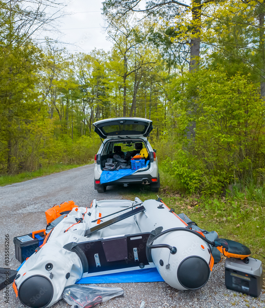 Deflated Boat catamaran pvc dinghy or rowboat pontoon with electric ...