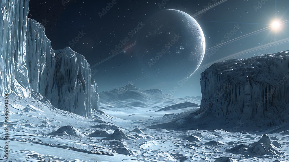 probe exploring the icy surface of Miranda one of Uranus' moons with ...