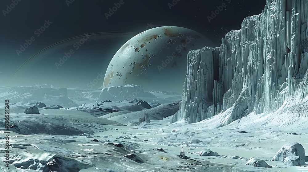 probe exploring the icy surface of Miranda one of Uranus' moons with ...