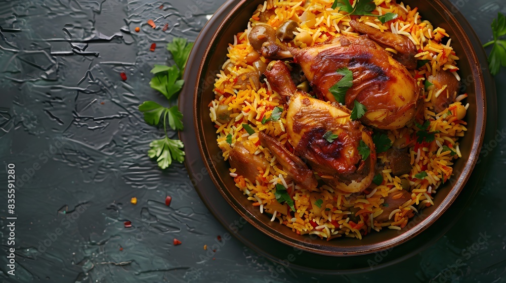 Chicken kabsa homemade arabian rice on dark table. Delicious pilaf with ...