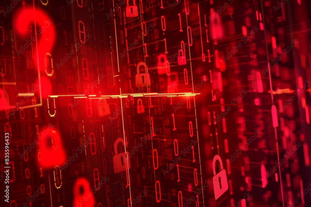 Red exclamation mark on a red binary code background with padlock icons, a vector illustration ...