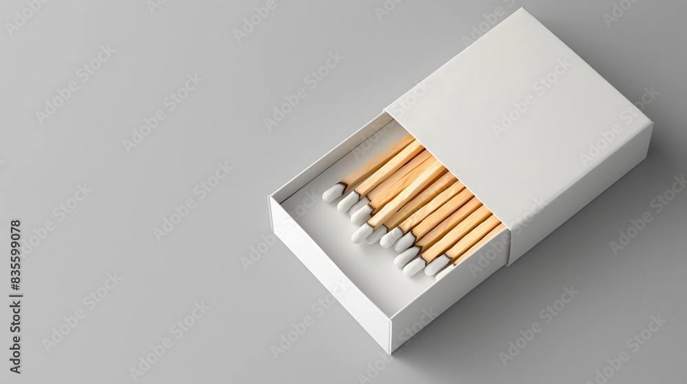 Mockup of an open match box with matchsticks on isolated light pastel ...