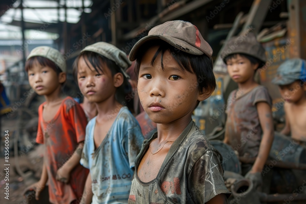 Group portrait of young asian children forced into labor, working in a ...