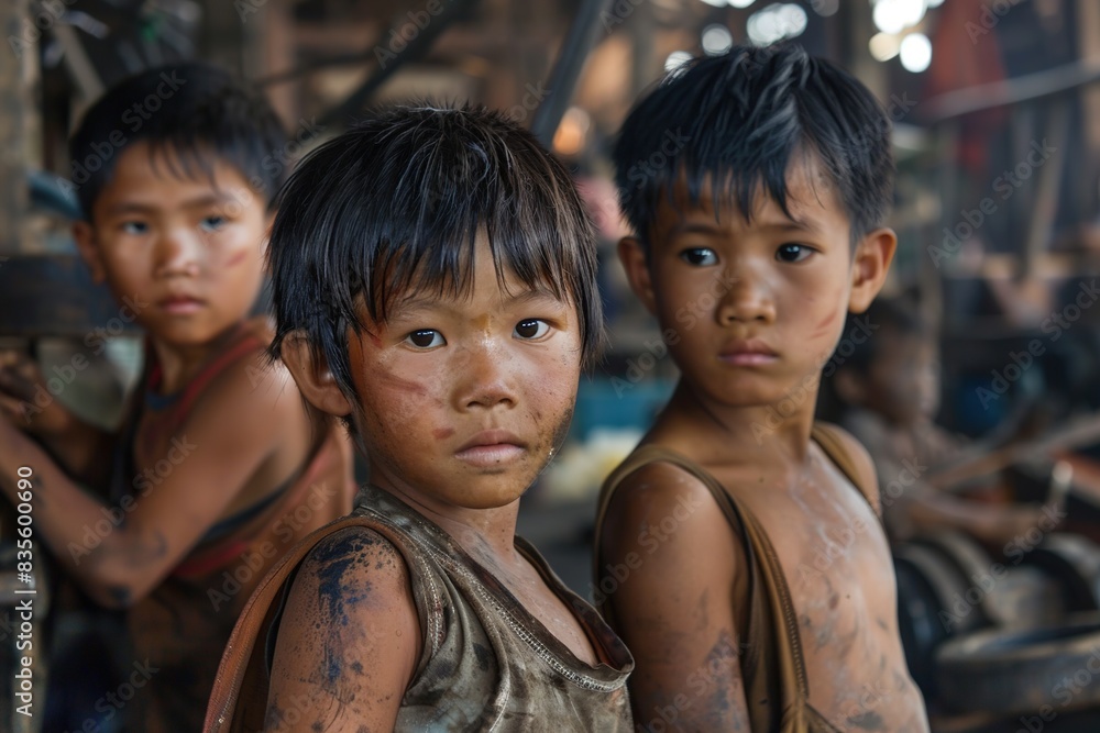 Group portrait of young asian children forced into labor, working in a ...