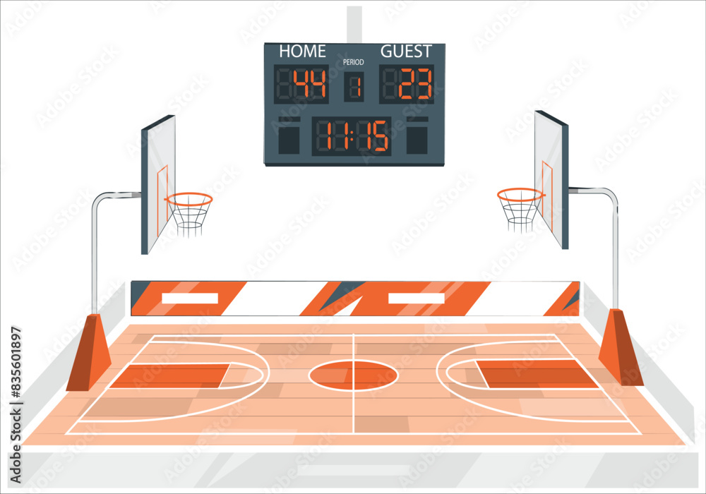 Basketball sport arena. Interior view to wooden floor of basketball ...