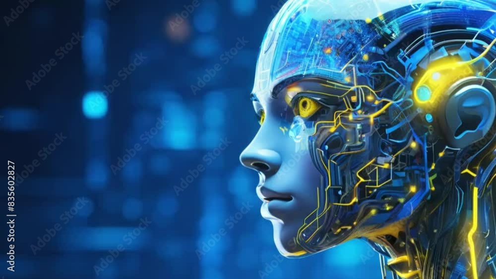 Side view of a humanoid head with blue and yellow eyes and vibrant neon ...