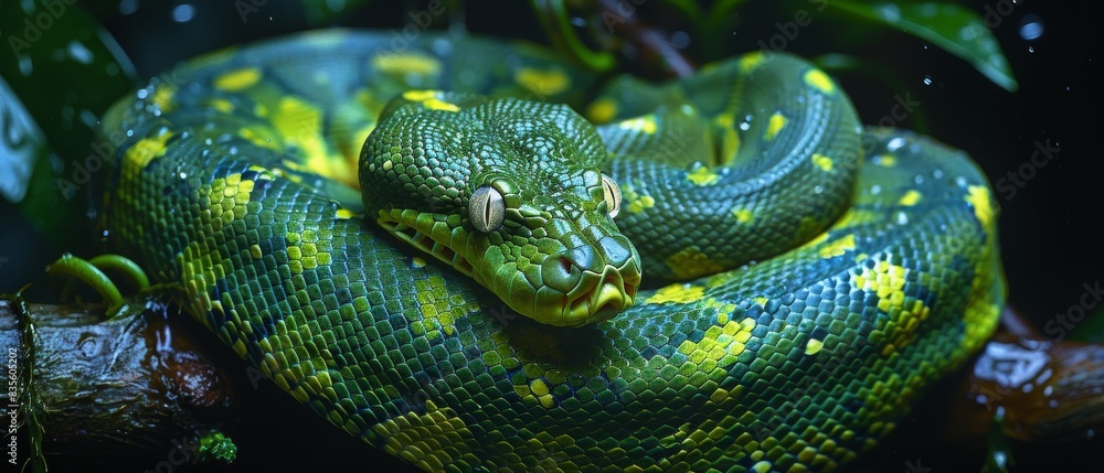 The green tree python, high in the rainforest canopy, uses its vivid ...