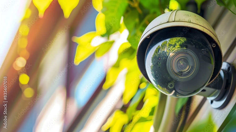IoT security camera on a home exterior, close-up, detailed texture of ...