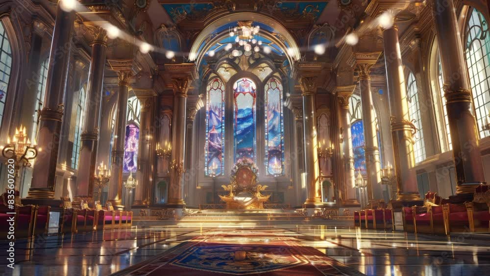 Luxurious fantasy royal palace with golden throne and stained glass ...