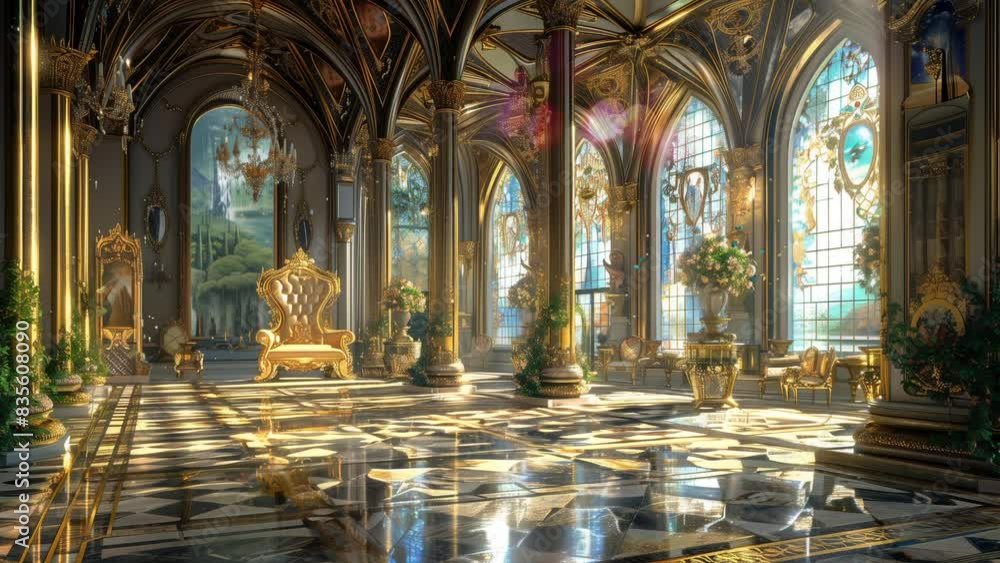 Luxurious fantasy royal palace with golden throne and stained glass ...
