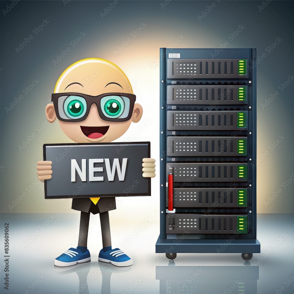 Smiling Cartoon Character Holding a New Sign in Front of a Server Rack ...