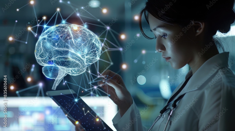 Close up of a female doctor using a tablet to draw a holographic AI ...