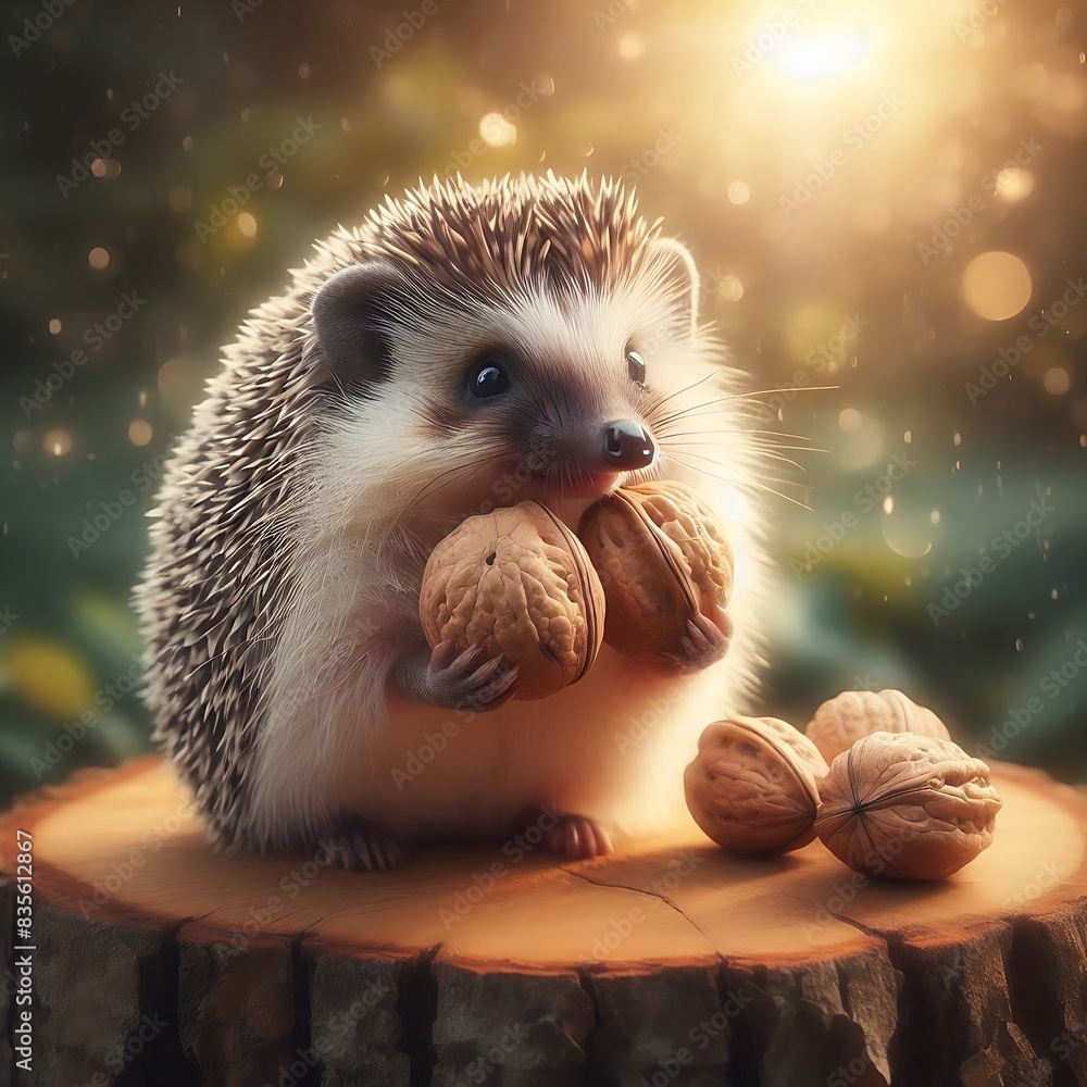 Hedgehog eating walnuts on stump in forest background, digital art ...