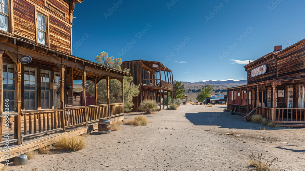 An old Western ghost town captured at high noon, featuring abandoned ...