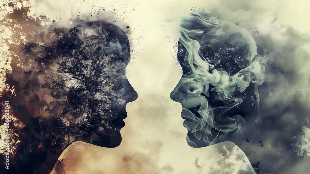 Conflict - Two human profiles made of abstract smoke and splatter ...