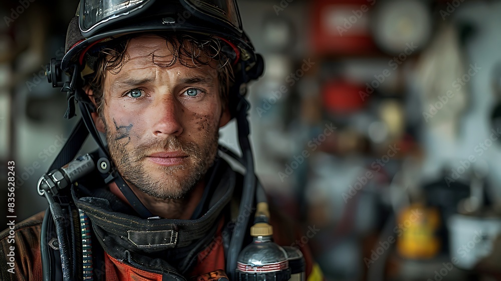 A firefighter poses for a portrait in full gear, including a helmet and ...