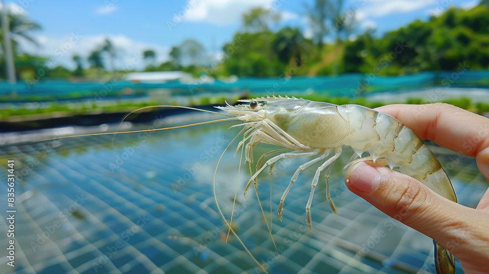 farmer holding white vannamei prawn with his hand, modern shrimp ...