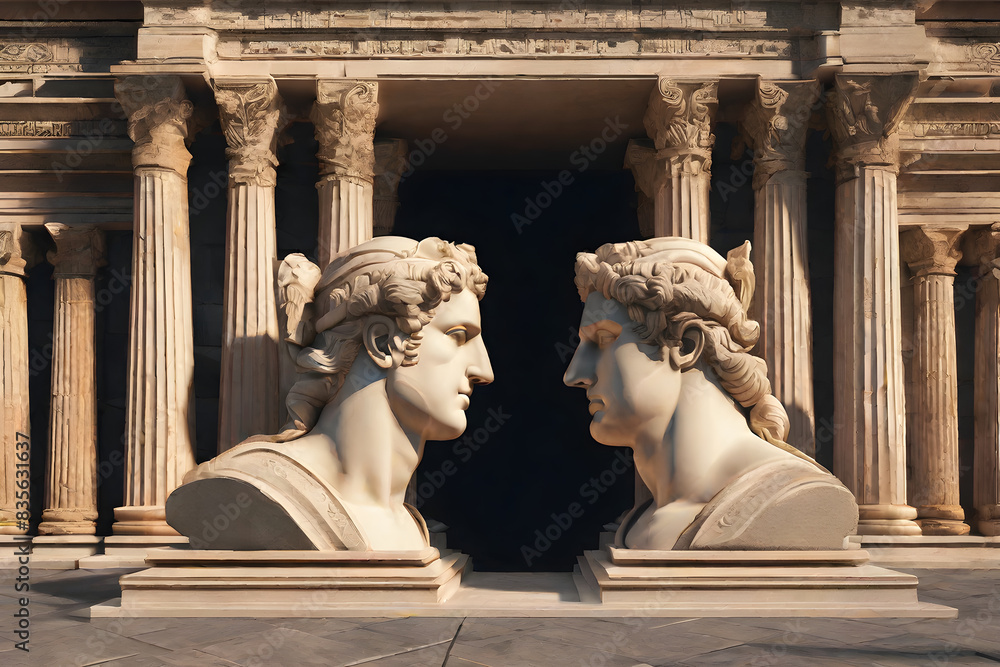 Roman Temple entrance gate with two Face of the gods Statue, facing ...
