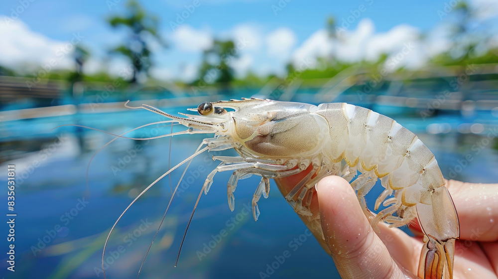 farmer holding white vannamei prawn with his hand, modern shrimp ...