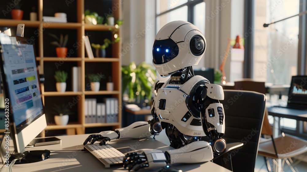 AI Robot at Workstation Performing Office Tasks in Modern Office ...