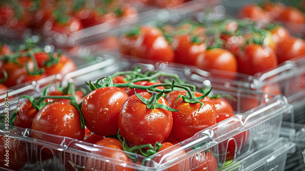 Tomatoes in plastic crates, tightly packed and ready for shipment, with ...