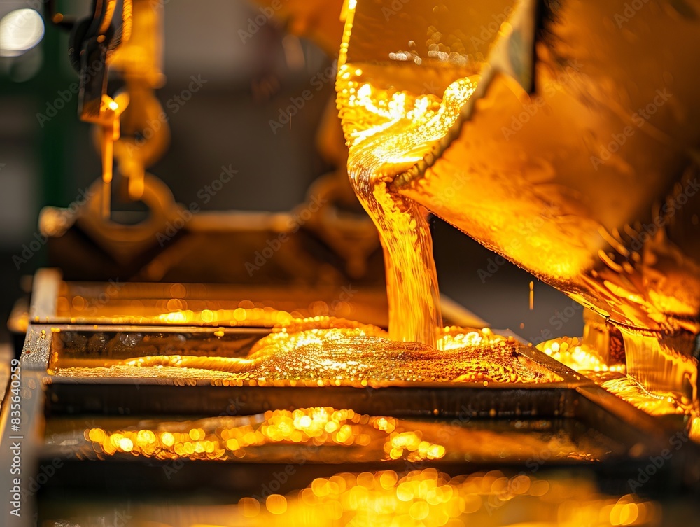 Gold refinery pouring molten gold into molds, liquid flow, front view ...