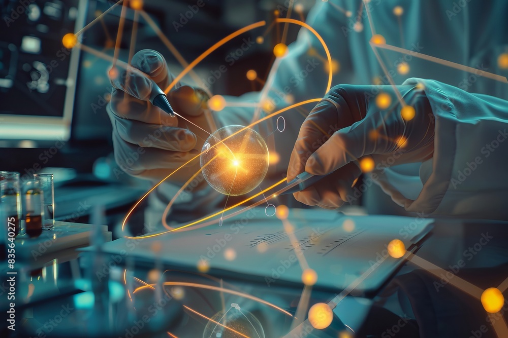 Lab technician studying the atomic structure of neutrons using ...