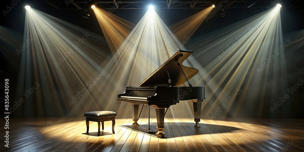 Intimate concert setting with a grand piano under spotlight, concert ...