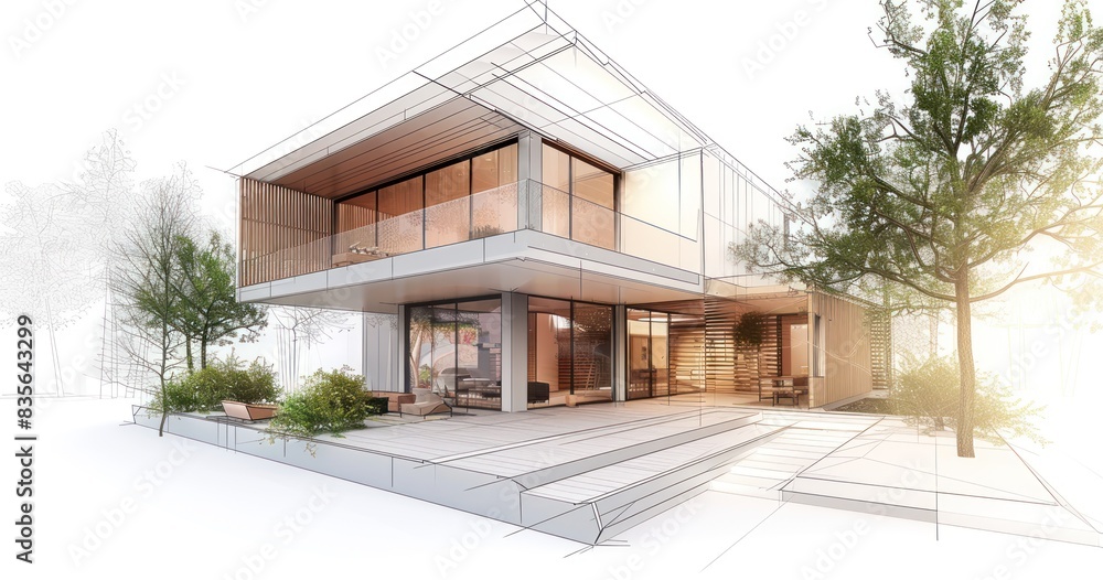 Sketch design and drafting of wireframe of building a modern house ...