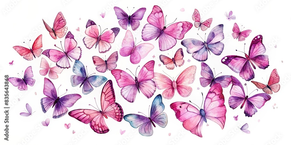 Watercolor painting of a swarm of pink and purple butterflies on a ...