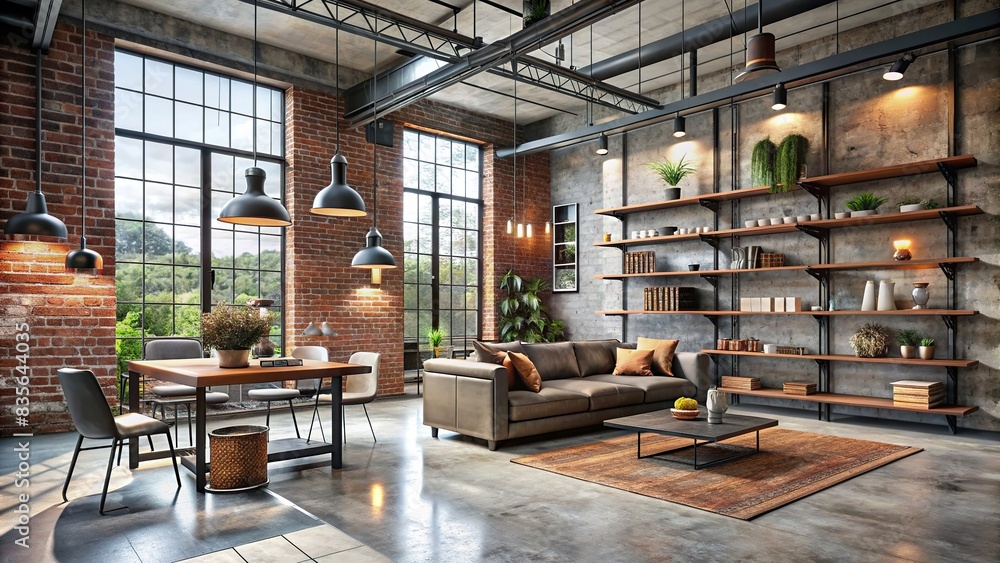 Industrial loft with exposed brick walls, concrete flooring, raw metal ...