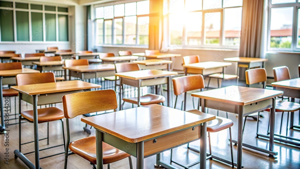 Blurry background of an empty classroom with desks and chairs ...
