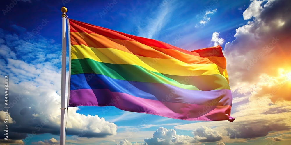 Colorful rainbow gay pride flag waving in the air, LGBT, protest ...