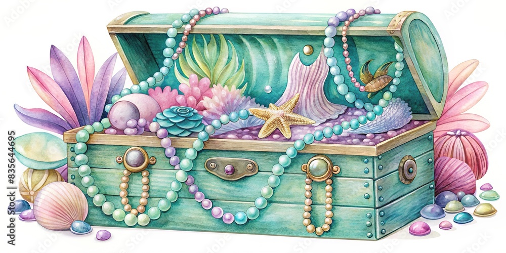 Pastel treasure chest filled with mermaid jewelry, adorned with mermaid ...