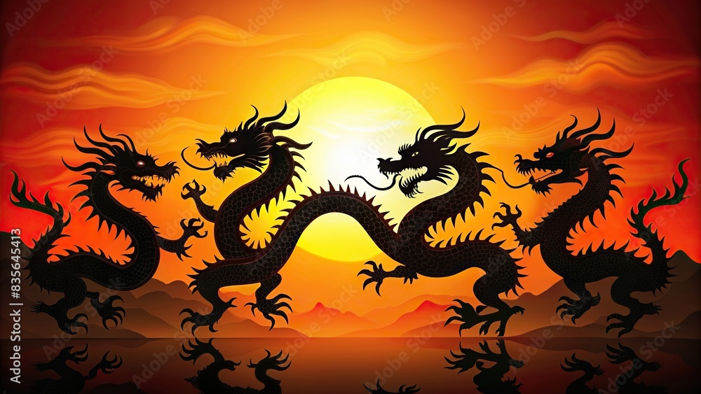 Dragon silhouettes on a background, dragons, mythical creatures ...