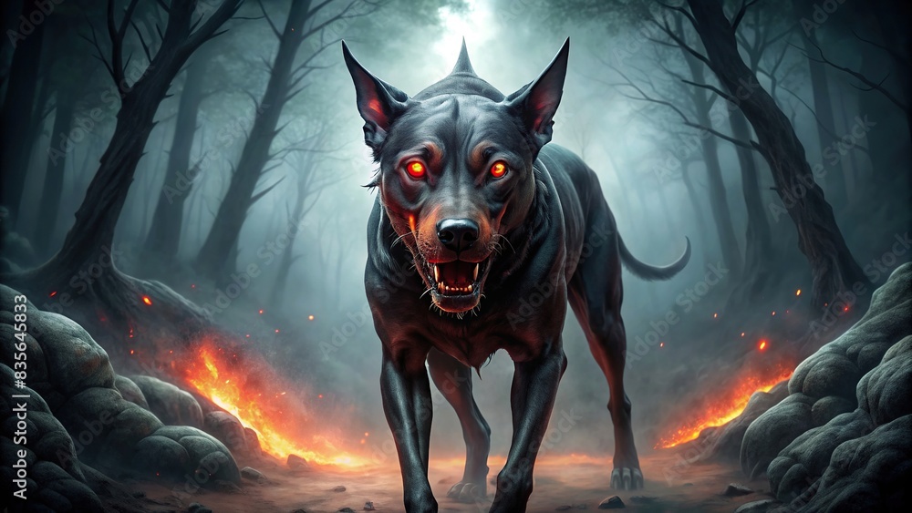 A terrifying hellish hound with glowing red eyes unleashed in a dark ...