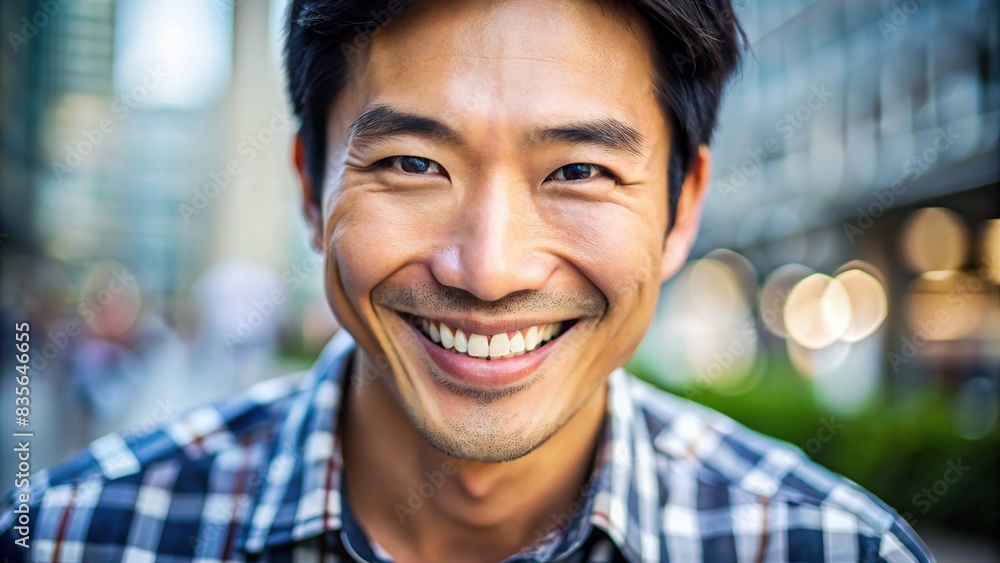 Close-up of a detailed Asian man smiling happily , portrait, close-up ...