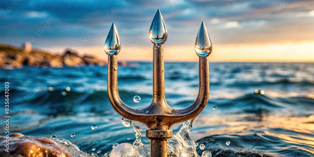 ภาพประกอบสต็อก Close-up of trident prongs with dripping water and ...