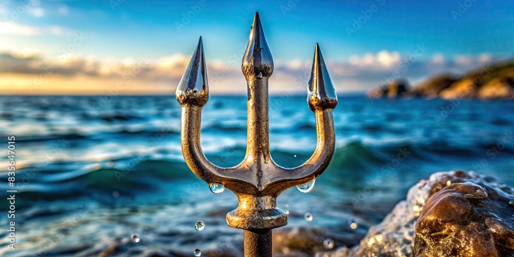 Close-up of trident prongs with dripping water and blurred sea ...