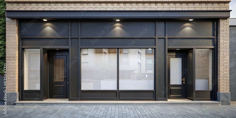 Outdoor storefront template with black facade, windows display, and ...
