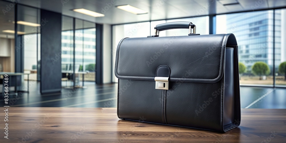 Professional black briefcase standing alone in a sleek office setting ...