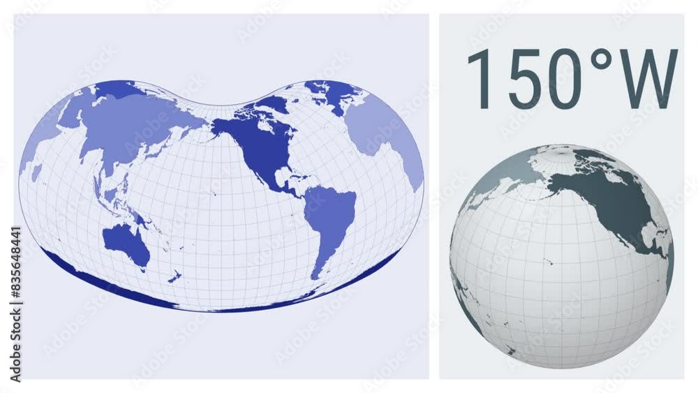 World Map Animation. Hill eucyclic projection. Colored continents style ...