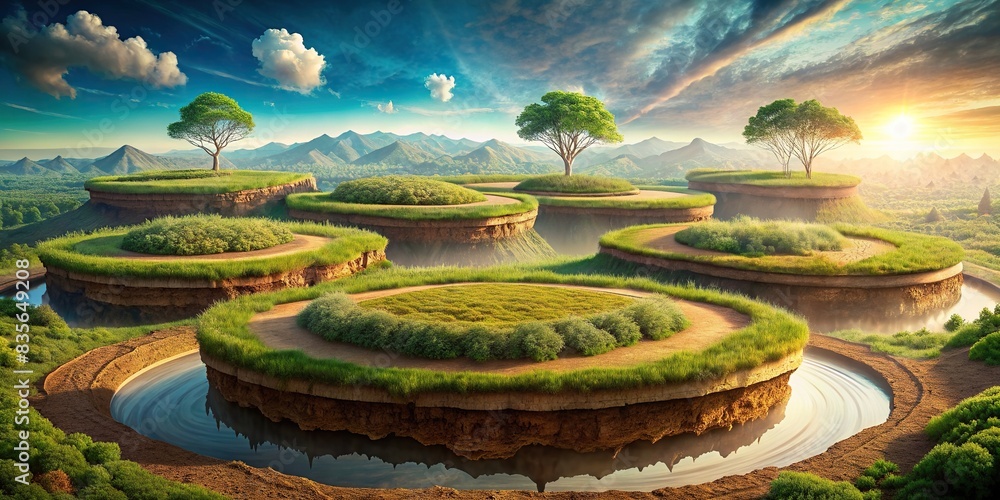 Round soil layers floating in a fantasy landscape , soil, layers ...